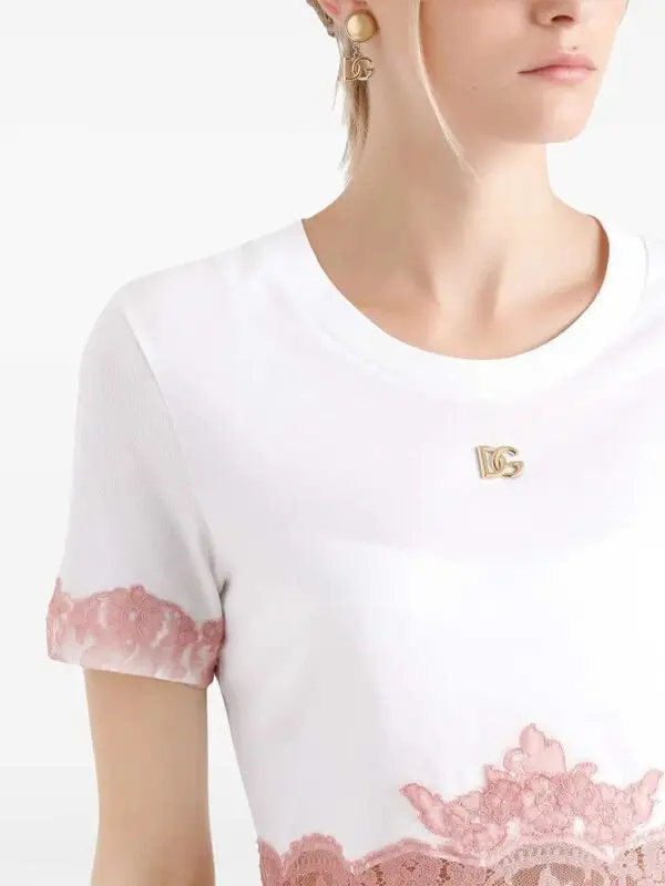 Dolce & Gabbana Cropped T-shirt With Dg Logo And Lace Trim - White