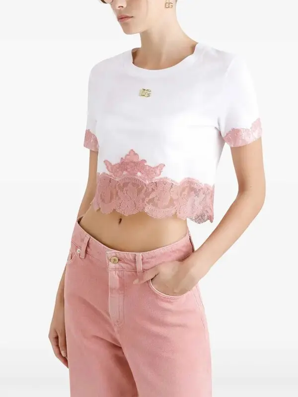 Dolce & Gabbana Cropped T-shirt With Dg Logo And Lace Trim - White