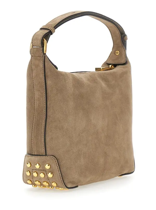 TOD'S Leather Handbag With Zip Closure And Studded Accents - Cream
