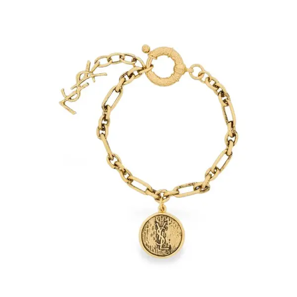 Saint Laurent Gold Tone Chain Bracelet With Logo Charm - Multicolor