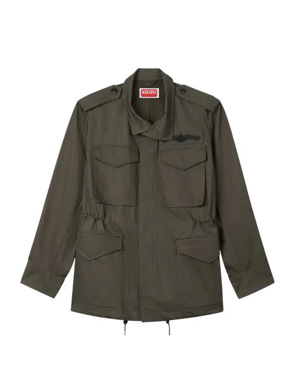 Kenzo Emblem Cotton Herringbone Military Jacket - Gray