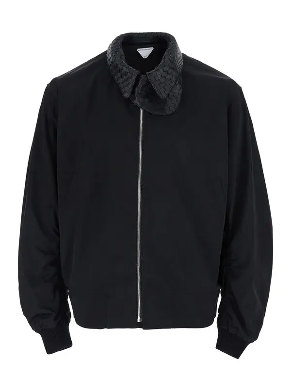 Bottega Veneta Black Tech Fabric Jacket With Intrecciato Leather Collar