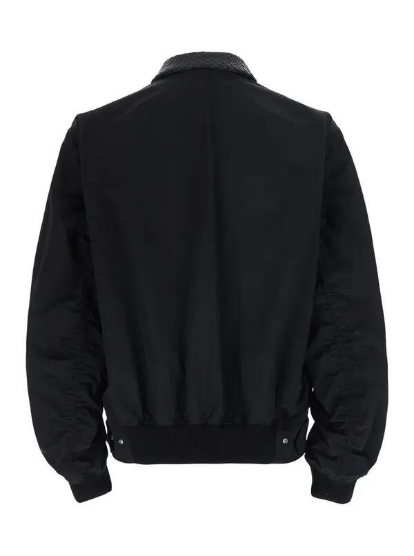 Bottega Veneta Black Tech Fabric Jacket With Intrecciato Leather Collar
