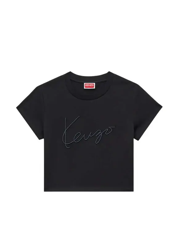 Kenzo Signature Embroidered Cotton Cropped T-shirt - Black