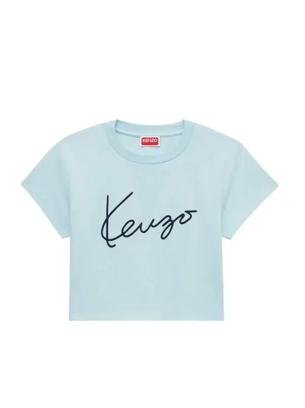 Kenzo Embroidered Cotton Cropped T-shirt - Blue