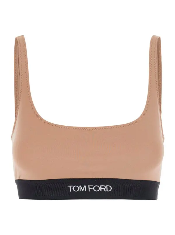 TOM FORD Beige Top With Square Neckline And Logo Lettering On The Front In Tech Fabric For - Cream