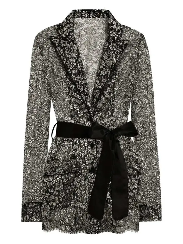 Dolce & Gabbana Floral Lace Long Sleeve Shirt With Tie Waist - Silver