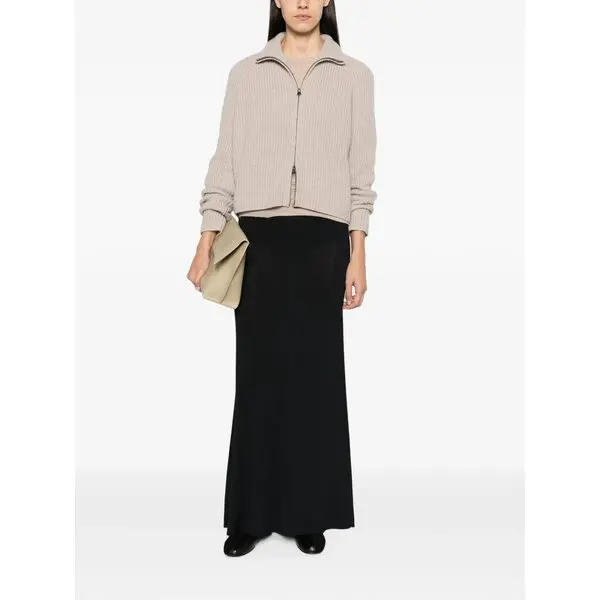 LISA YANG Sand Beige Cashmere Ribbed Knit Zip-up Cardigan