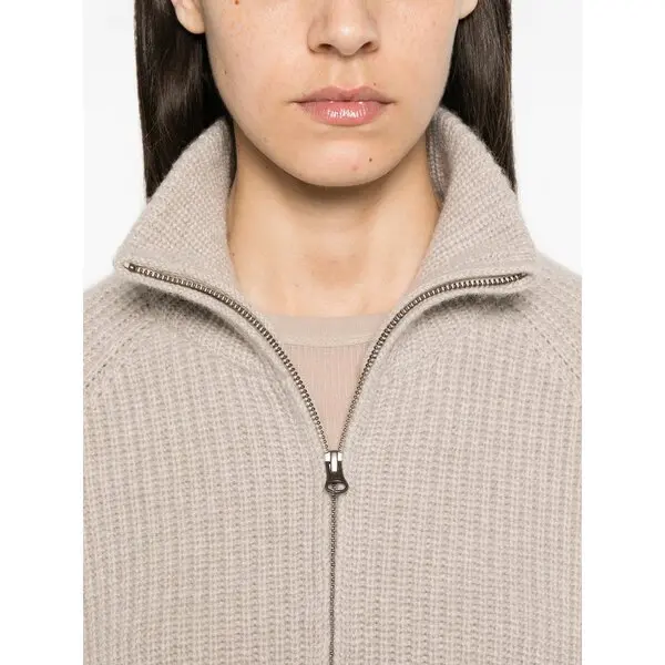 LISA YANG Sand Beige Cashmere Ribbed Knit Zip-up Cardigan