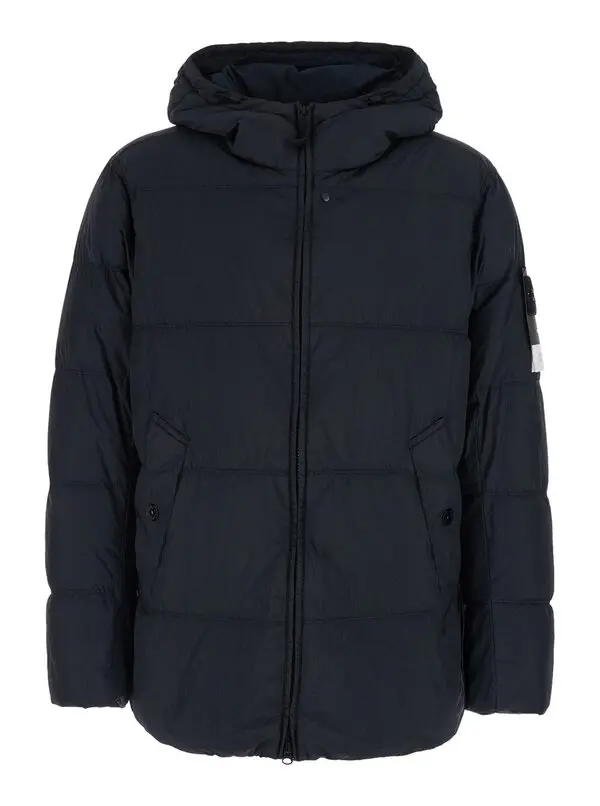 Stone Island Crinkle' Blue Down Jacket With Logo Patch On The Sleeve In Tech Fabric For