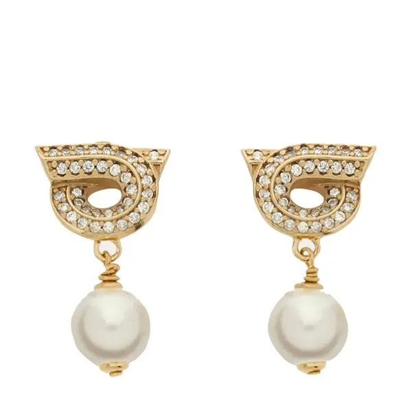 FERRAGAMO Pearl And Crystals Gancini Earrings - Gold