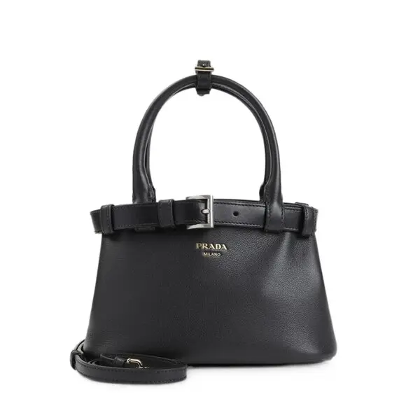 Prada Calf Leather Grained Textured Buckled Shoulder Bag - Black