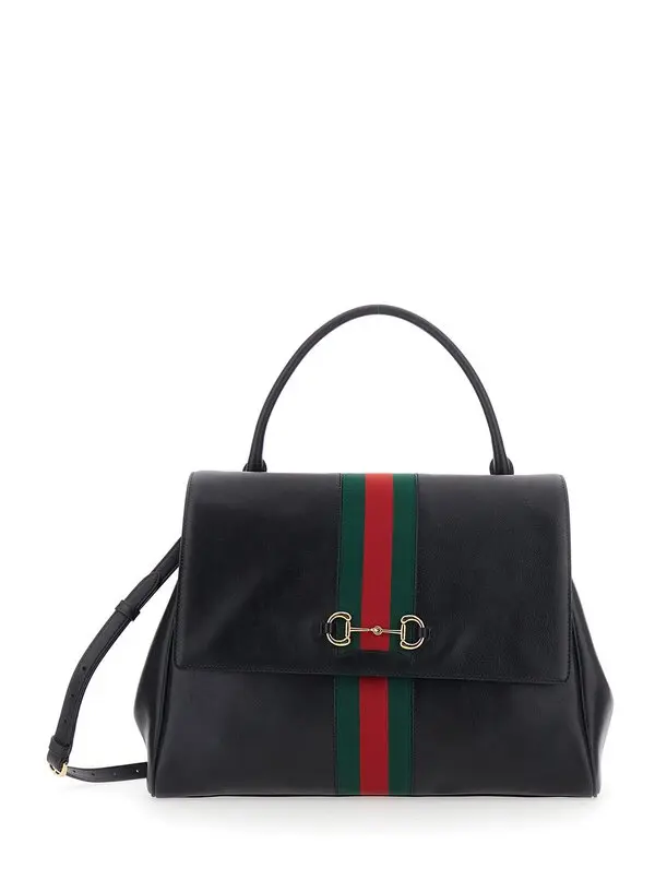 Gucci Paparazzo' Black Large Handbag With Horsebit And Web Stripe On The Front In Leather For - Multicolor
