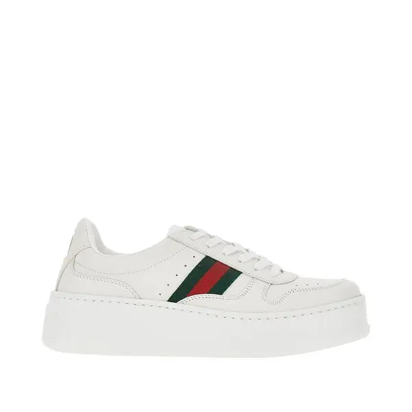Gucci Oversized Sole Leather Sneakers With Web Ribbon Detail - White