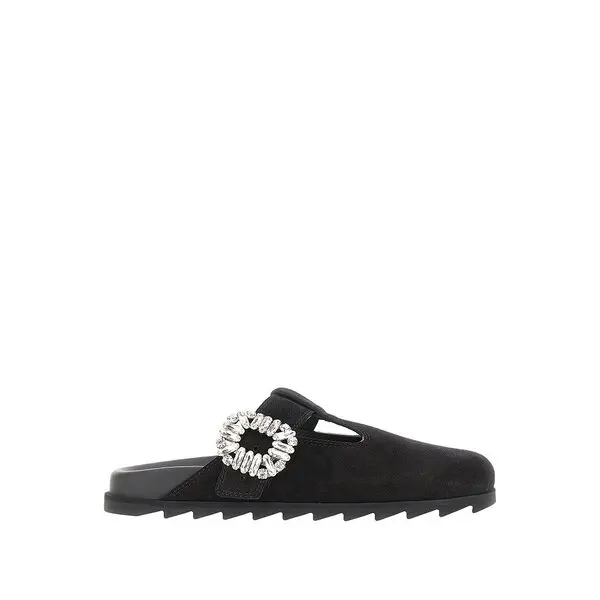 ROGER VIVIER Suede Leather Mules With Crystal Buckle - Black