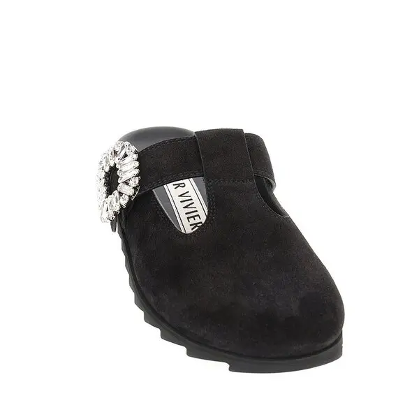 ROGER VIVIER Suede Leather Mules With Crystal Buckle - Black