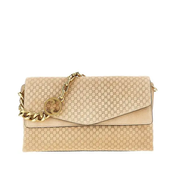 Gucci Gg Monogram Suede Shoulder Bag With Chain - Cream