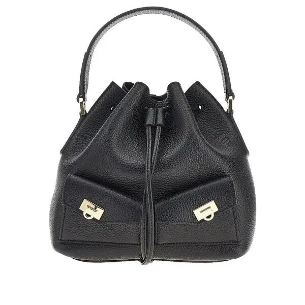 FERRAGAMO Grained Leather Multipocket Bucket Bag - Black