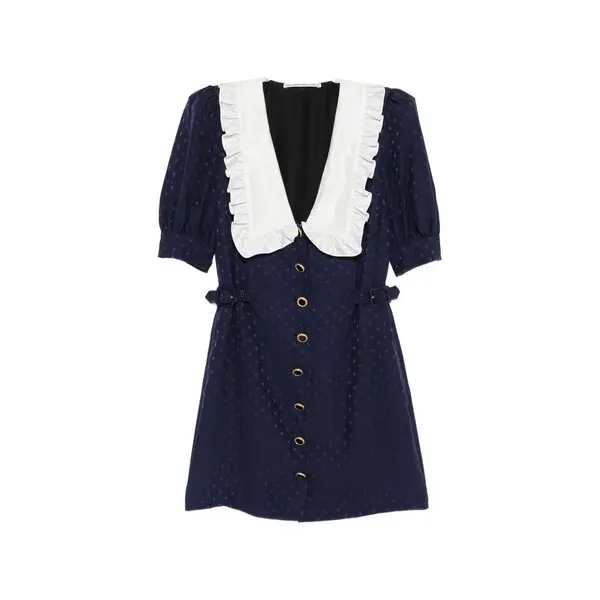 Alessandra Rich Navy Silk Dress With Ruffled Collar - Blue