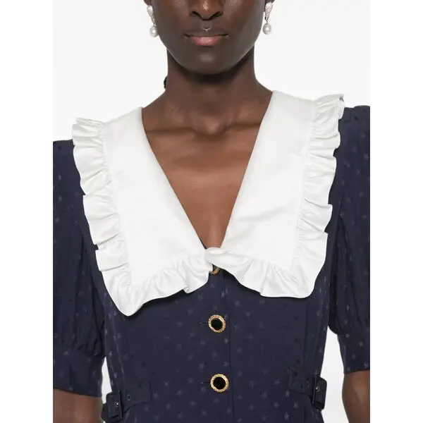 Alessandra Rich Navy Silk Dress With Ruffled Collar