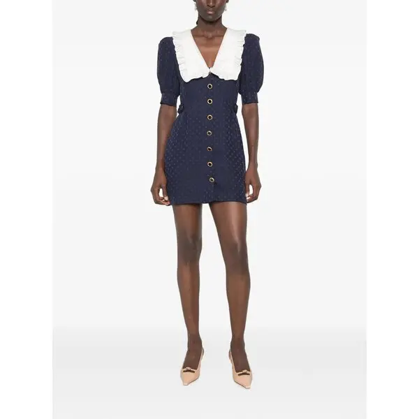 Alessandra Rich Navy Silk Dress With Ruffled Collar