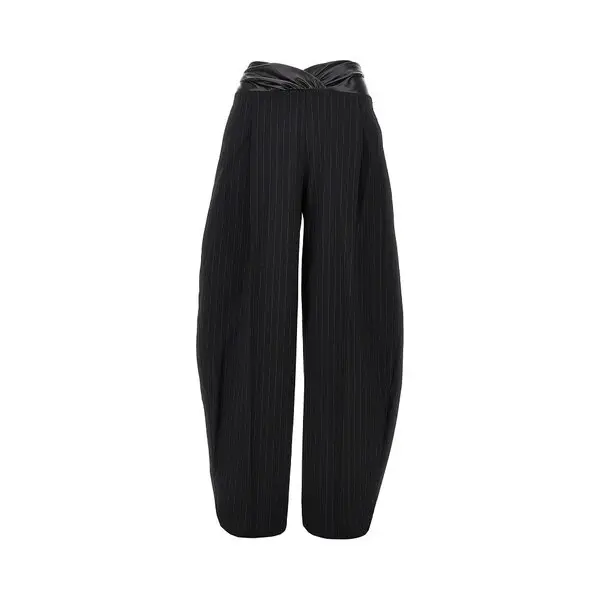 Andamane Virgin Wool Gabardine Pinstriped Wide Leg Pants With Faux Leather Waist