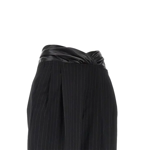 Andamane Virgin Wool Gabardine Pinstriped Wide Leg Pants With Faux Leather Waist