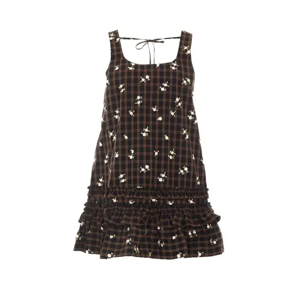 GANNI Printed Check Dress With Ruffled Skirt - Brown