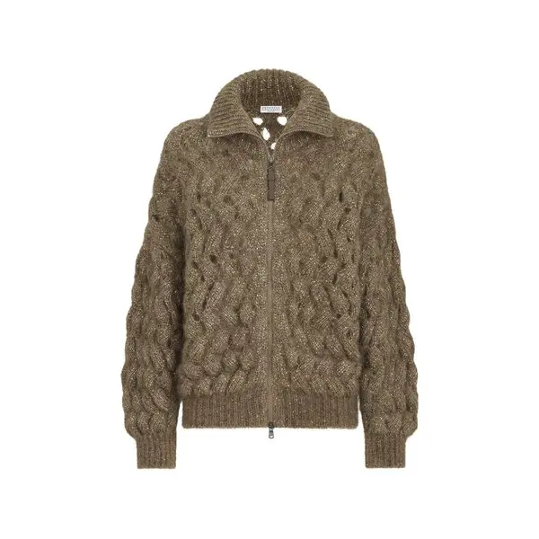 Brunello Cucinelli Zigzag Cable-knit Cardigan With Sequins - Brown
