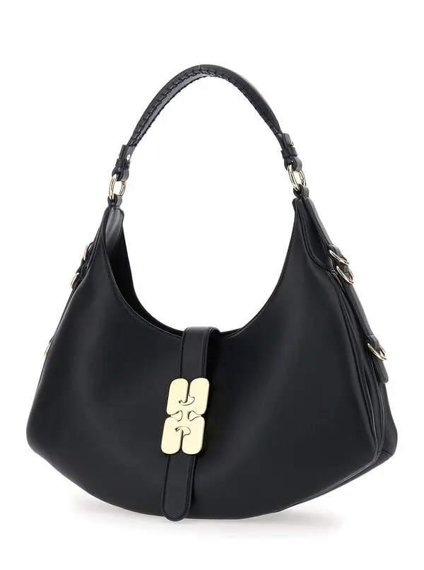 GANNI Small Black Leather Shoulder Bag With Adjustable Handle And Logo Plaque - Multicolor