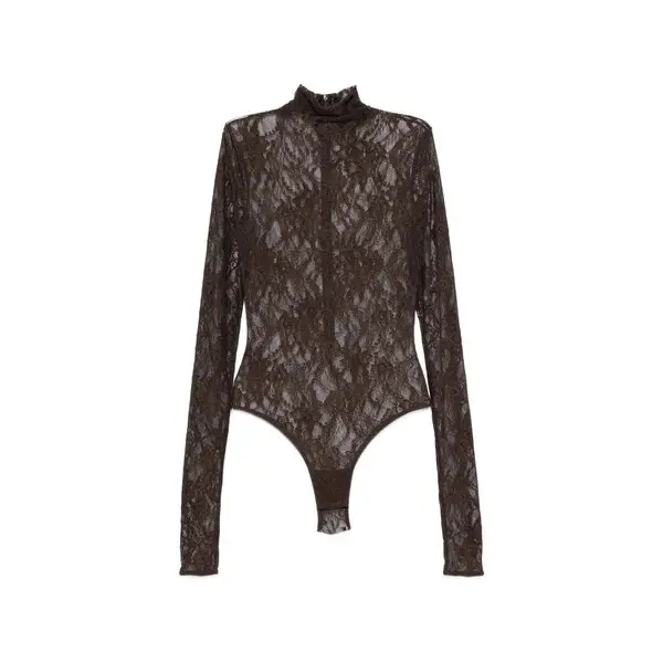 Andamane Dark Lace High Neck Long Sleeve Zip Fastening Bodysuit - Brown