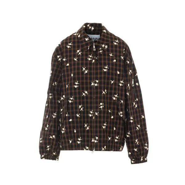 GANNI Printed Check Bomber Jacket - Brown