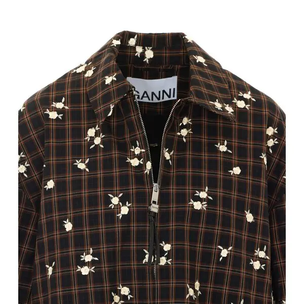 GANNI Printed Check Bomber Jacket - Brown