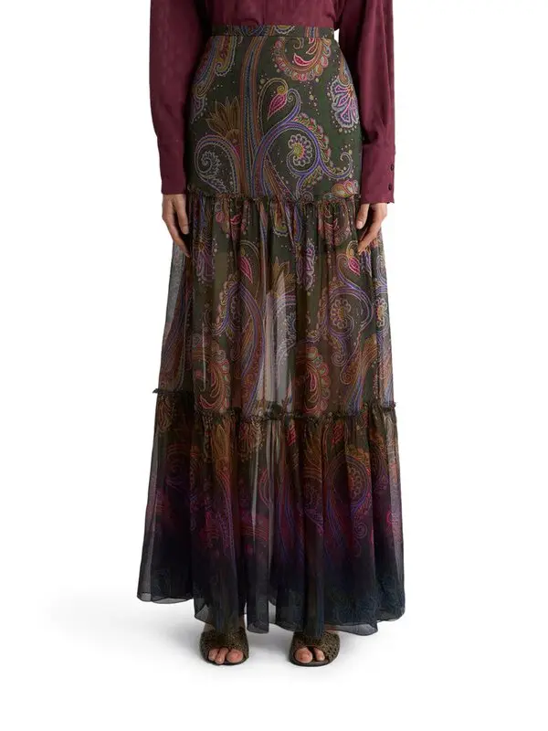 Etro Long Silk Skirt With Placement Paisley Print - Green