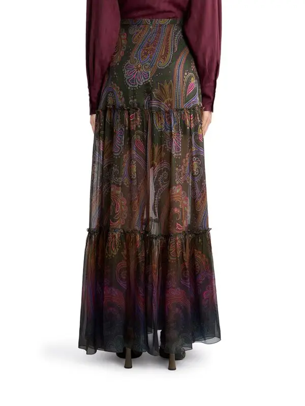 Etro Long Silk Skirt With Placement Paisley Print - Green