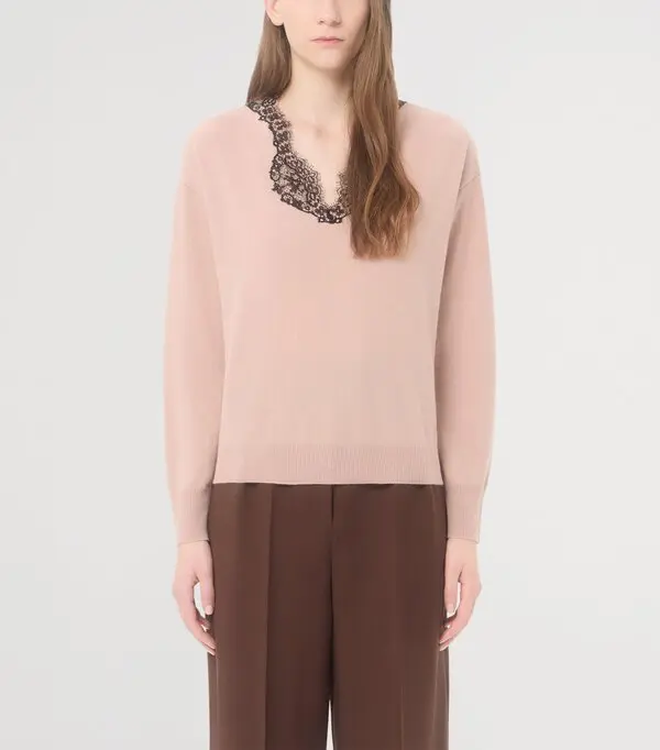 Valentino Garavani Cashmere V-neck Sweater With Lace Trim