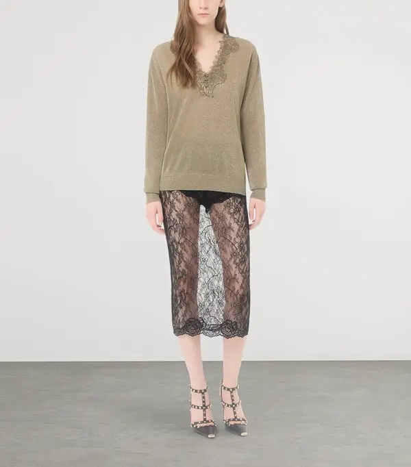 Valentino Garavani Lace-trim V-neck Sweater