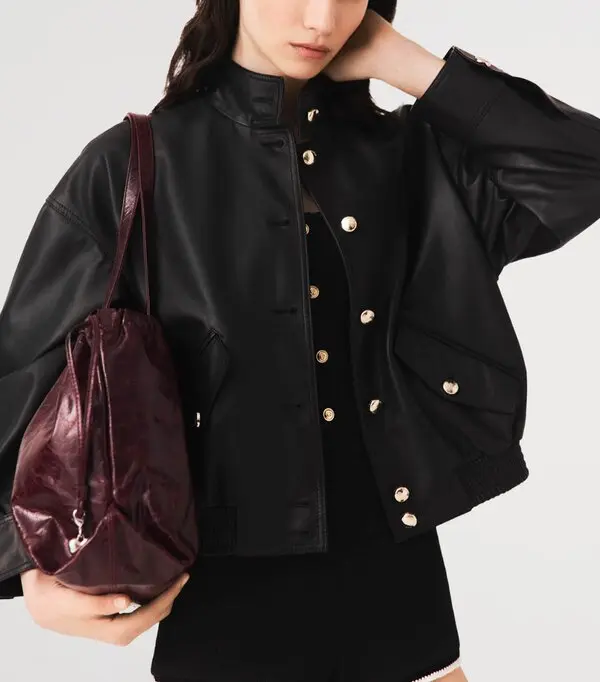 Maje Leather Funnel-neck Jacket