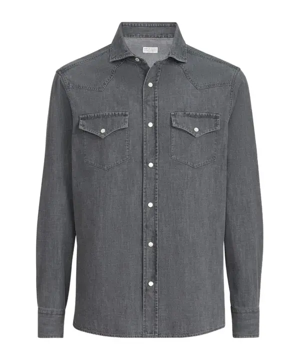 Brunello Cucinelli Lightweight Denim Easy-fit Western Shirt - Dark Gray