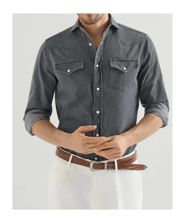 Brunello Cucinelli Lightweight Denim Easy-fit Western Shirt - Dark Gray