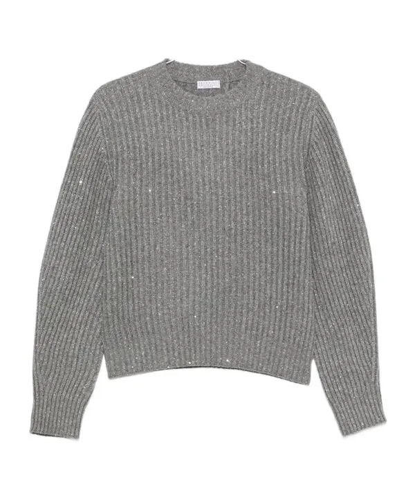 Brunello Cucinelli Sequin-embellished Ribbed Crew Neck Long Sleeve Sweater