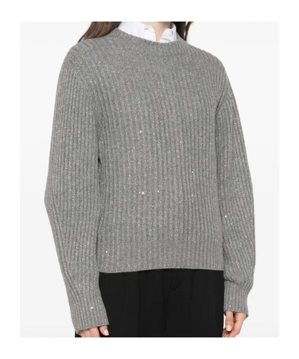 Brunello Cucinelli Sequin-embellished Ribbed Crew Neck Long Sleeve Sweater