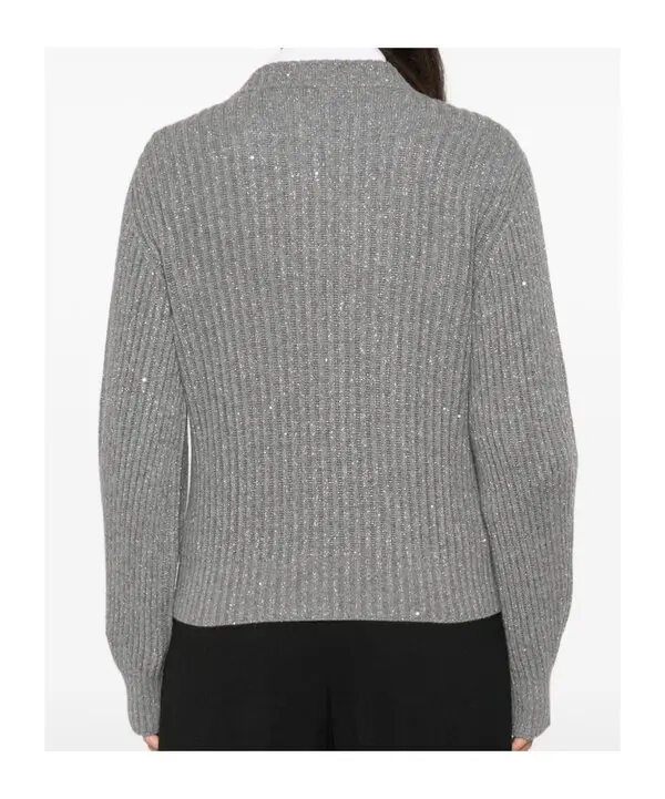 Brunello Cucinelli Sequin-embellished Ribbed Crew Neck Long Sleeve Sweater