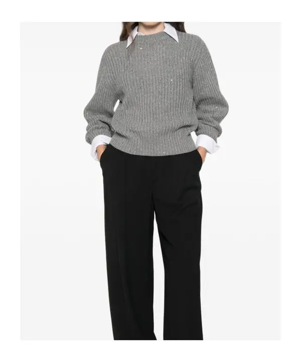 Brunello Cucinelli Sequin-embellished Ribbed Crew Neck Long Sleeve Sweater