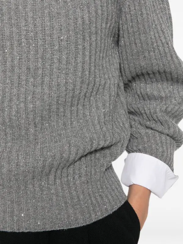 Brunello Cucinelli Sequin-embellished Ribbed Crew Neck Long Sleeve Sweater