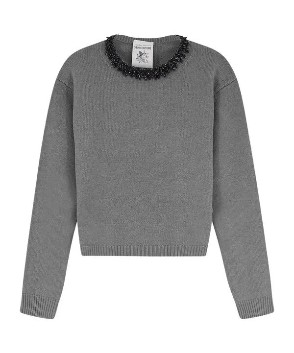 SEMICOUTURE Beaded Neck Knitted Sweater - Grey