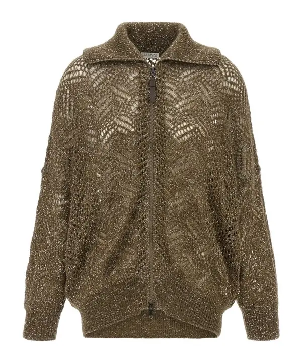 Brunello Cucinelli Abstract Leaf Knit Zip-up Cardigan - Brown