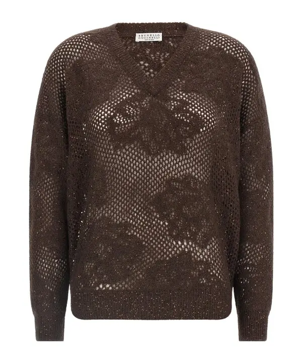 Brunello Cucinelli Floral Lace Knit Sweater - Black