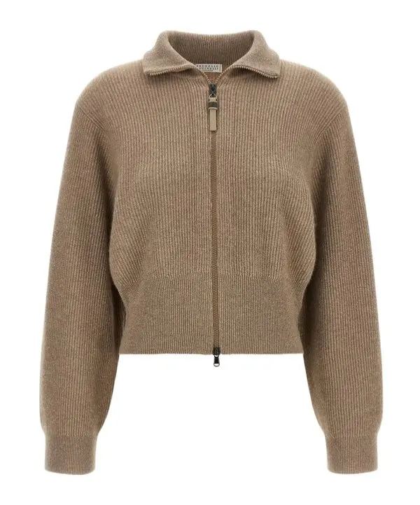 Brunello Cucinelli Ribbed Knit Zip-up Cardigan - Brown