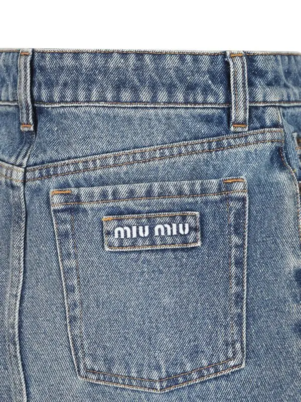 Miu Miu Logo Patch Frayed Hem Mini Denim Skirt